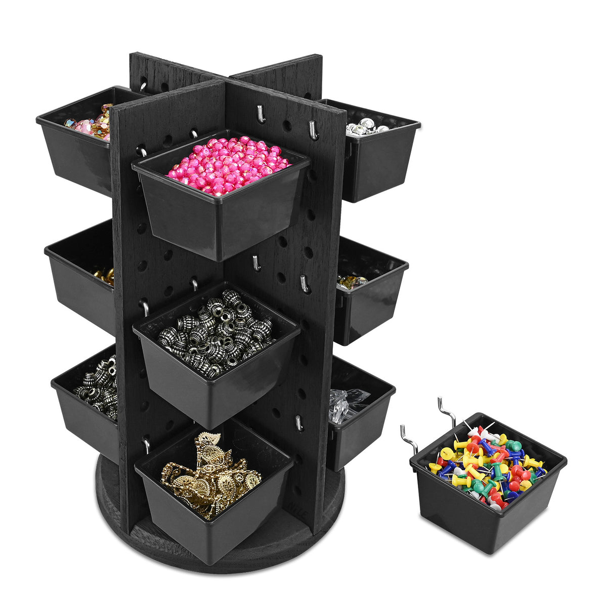 #TOOL7683BK Wooden Rotating Pegboard Display with 12 Bins, Pegboard St ...