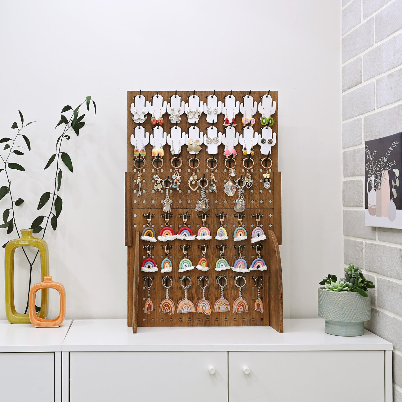 #WD6308BR Wood Standing Jewelry Pegboard Display With 48 Removable Peg ...
