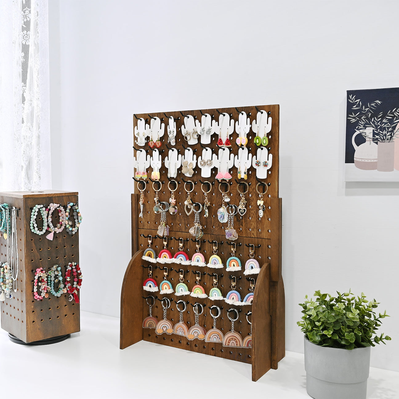 #WD6308BR Wood Standing Jewelry Pegboard Display With 48 Removable Peg ...